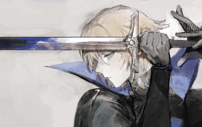 Safebooru - 1boy black gloves blonde hair blue eyes cape closed mouth collared coat dainsleif ...
