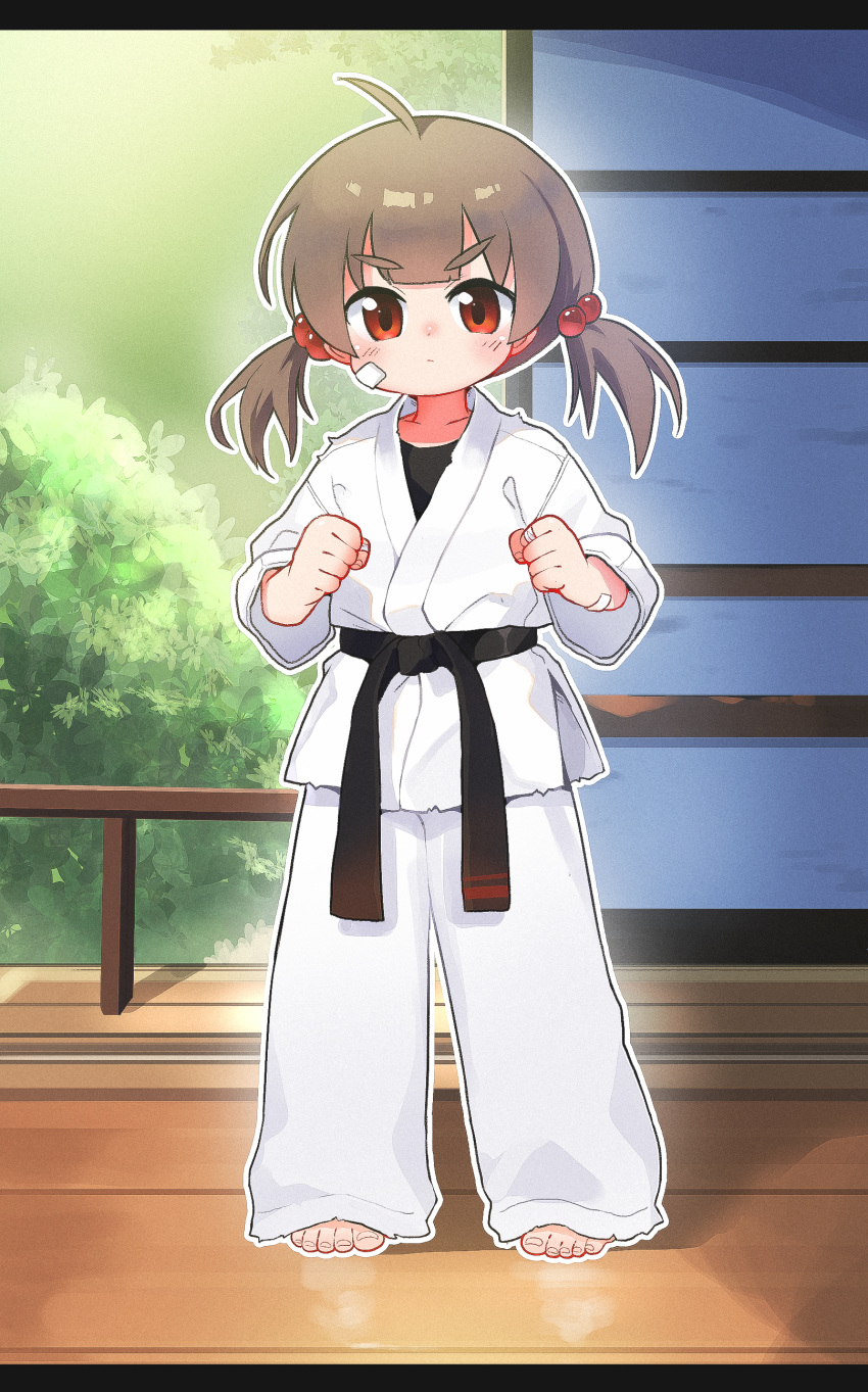 Safebooru - 1girl absurdres ahoge arms up barefoot belt black belt chinese commentary clenched ...