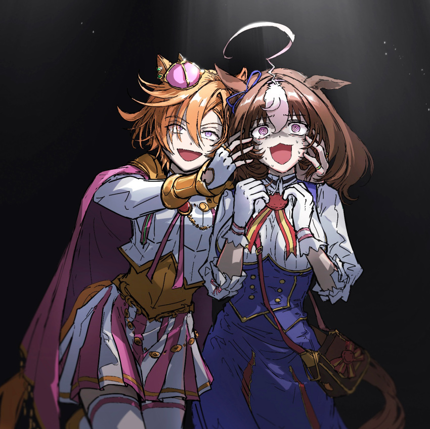 Safebooru - 2girls :3 :d @ @ animal ears bag brown hair cape crown ...