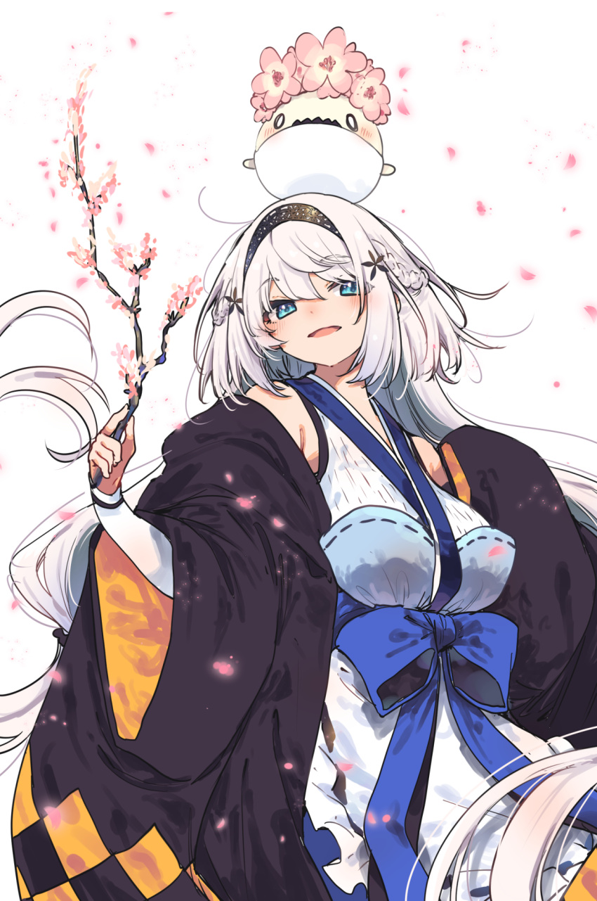 Safebooru - 1girl :d absurdly long hair bare shoulders black coat black flower blue eyes blush ...
