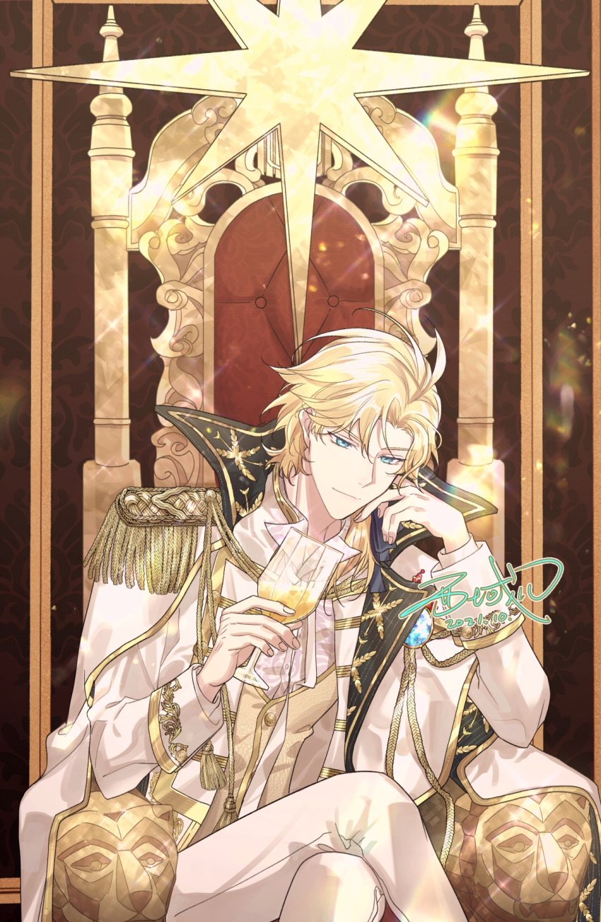 Safebooru - 1boy ahoge aiguillette artist name ascot bishounen blonde hair blue eyes cape closed ...