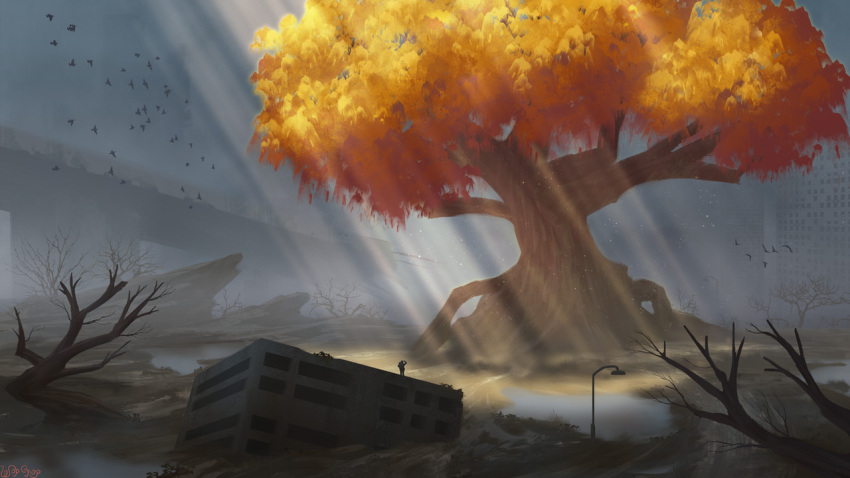 Safebooru - bare tree bird cityscape commentary contrast destruction ...
