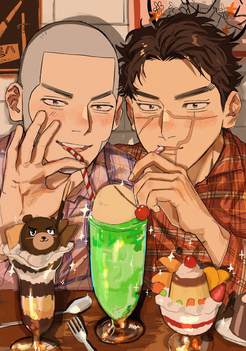 Safebooru - 2boys absurdres animal-themed food arm up bear blush brown ...