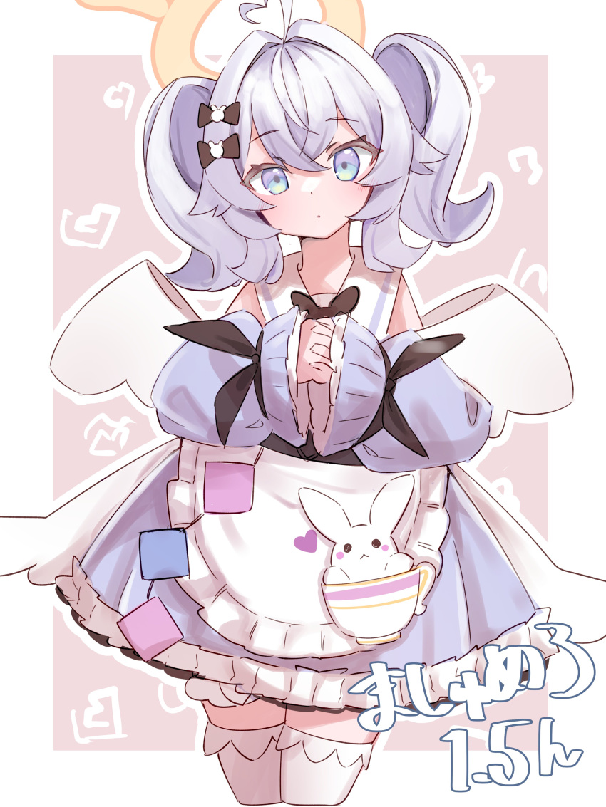 Safebooru - 1girl absurdres ahoge angel wings apron black bow blue dress blue eyes blue sleeves ...