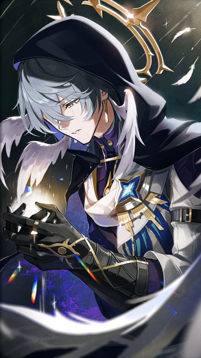 Safebooru - 1boy absurdres anna (drw01) arm strap black gloves black hood blue coat blue shirt ...