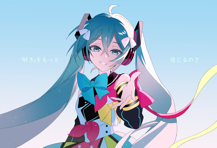 Safebooru - 1girl a0ja9k absurdres beckoning blue eyes blue hair bow commentary request detached ...