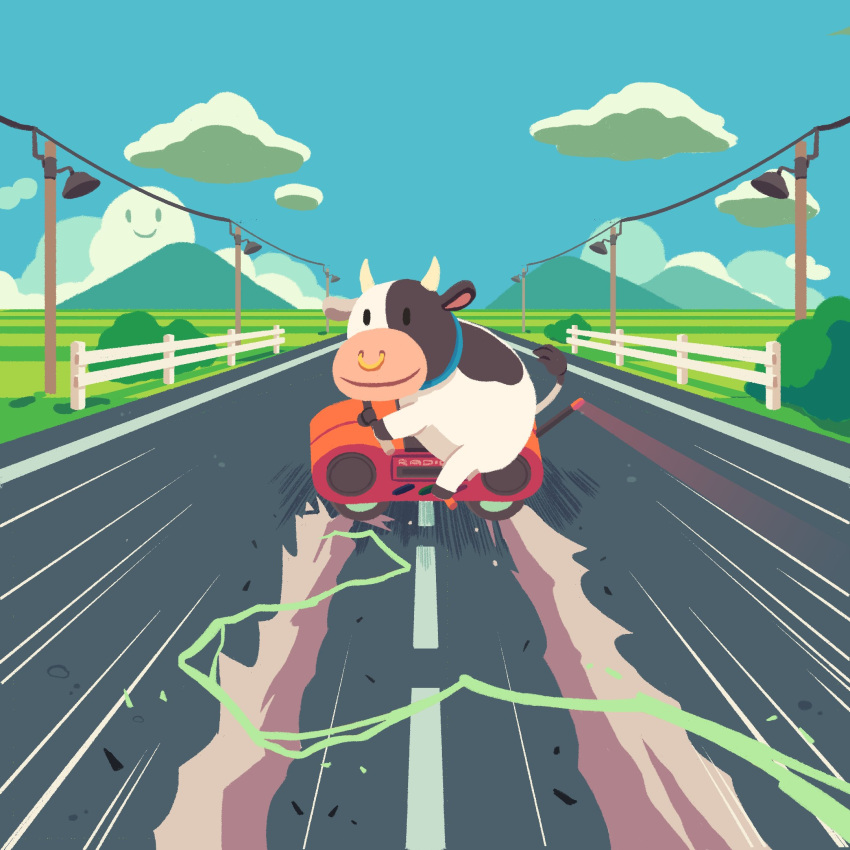 Safebooru - akira slide bush clouds cow day eto2d fence field highres ...