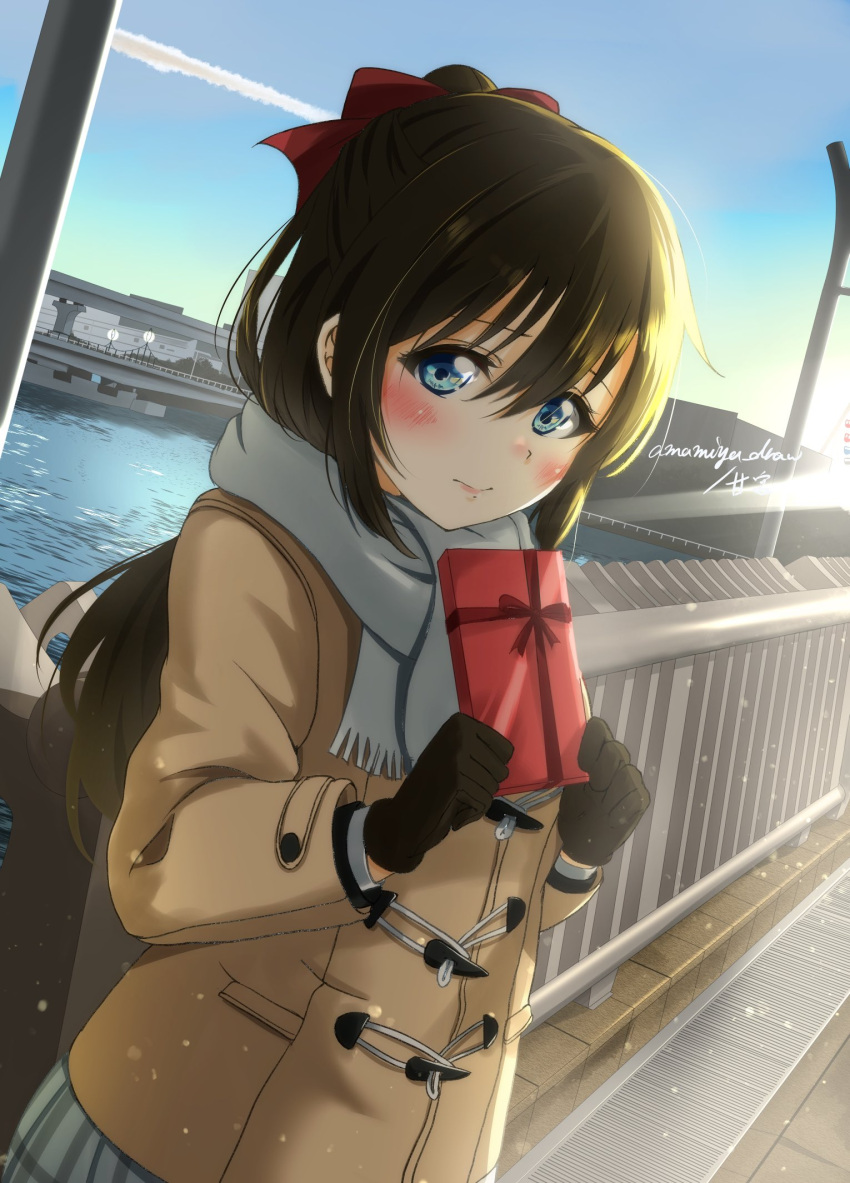 Safebooru - 1girl amamiya (re-amamiya) artist name blue eyes blue sky blush box brown coat brown ...