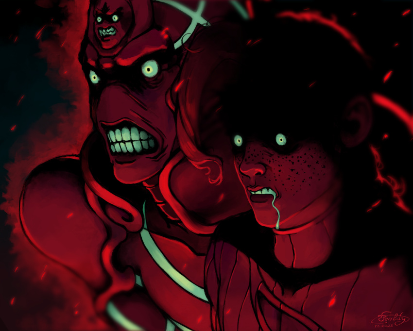 Safebooru - 1boy 1other angry cleavage cutout clothing cutout drooling ...