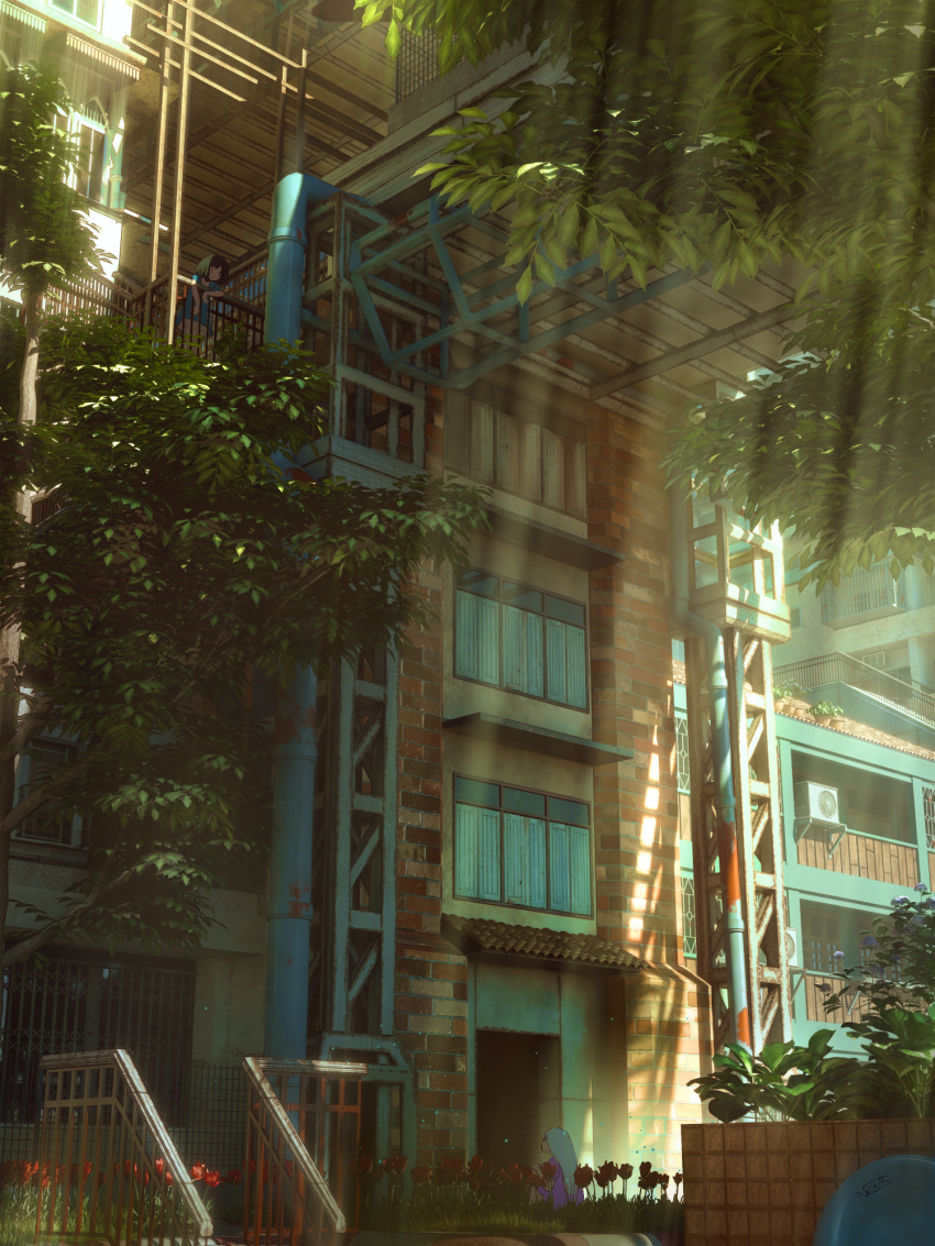 Safebooru - 2girls balcony black hair brick wall building commentary ...