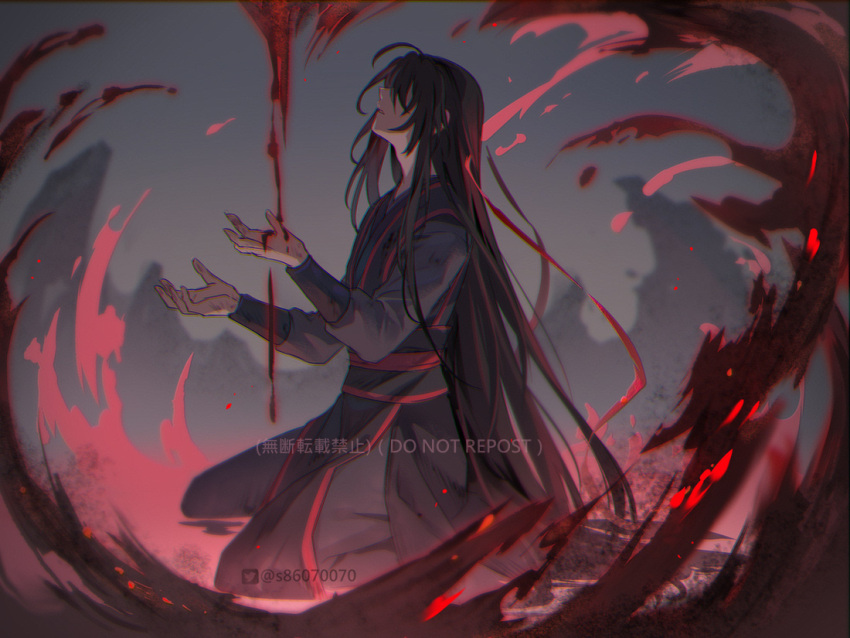 Safebooru - 1boy ahoge alternate costume black hair black hanfu blood blood on hands chinese ...