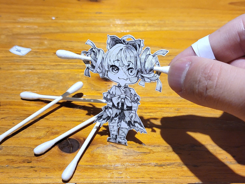 Safebooru - 1girl :3 ahoge bow closed mouth commentary cotton swab double bun dress english ...