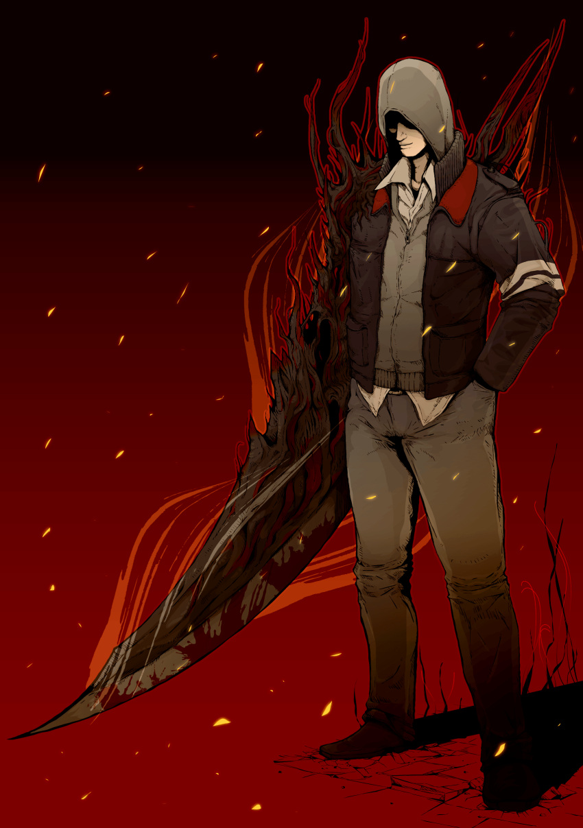 Safebooru - 1boy absurdres alex mercer arm blade brown hoodie hand in ...