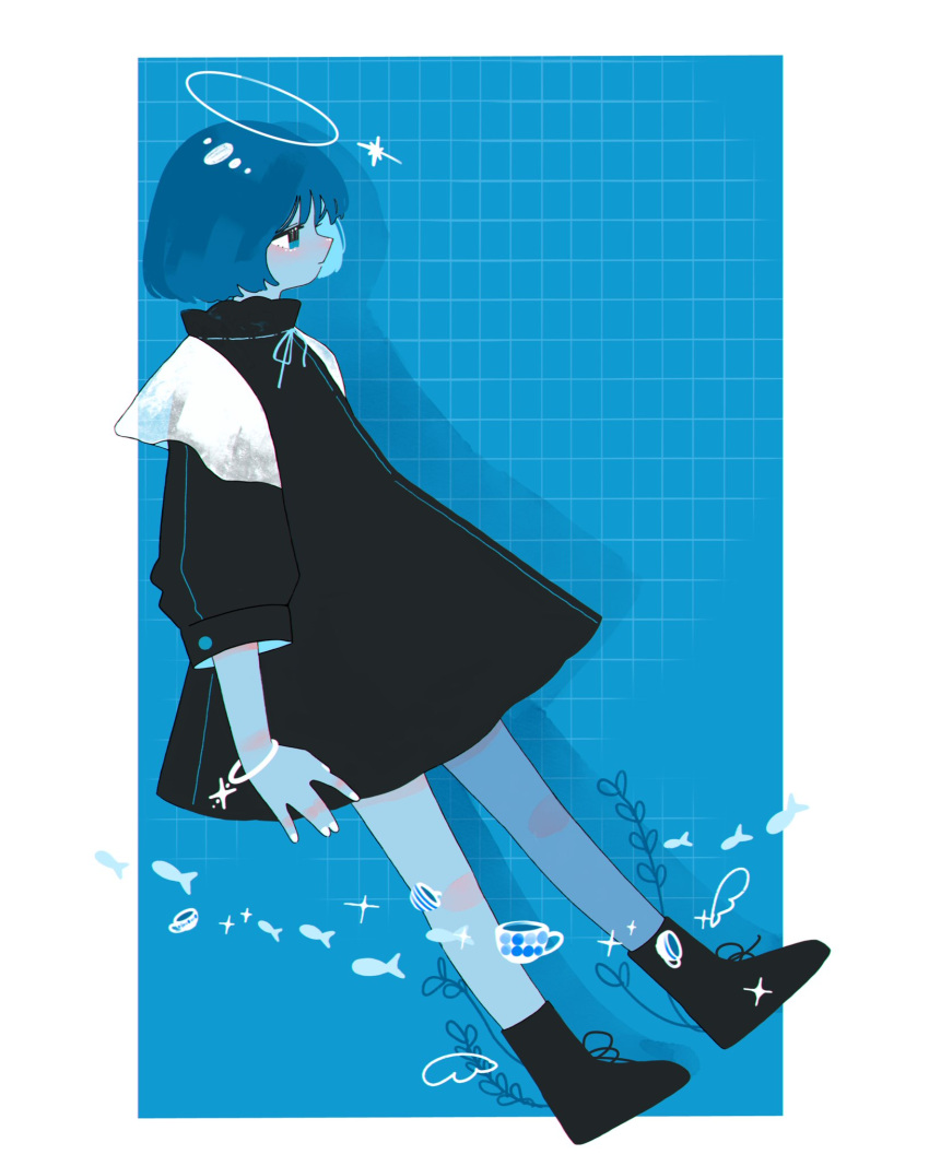 Safebooru - 1girl animal black dress blue background blue hair blue theme border commentary ...