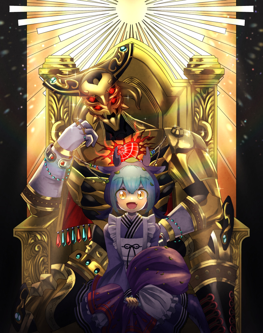 Safebooru - 1boy 1girl absurdres armor blue hair dragon girl dragon horns duel monster eldlich ...