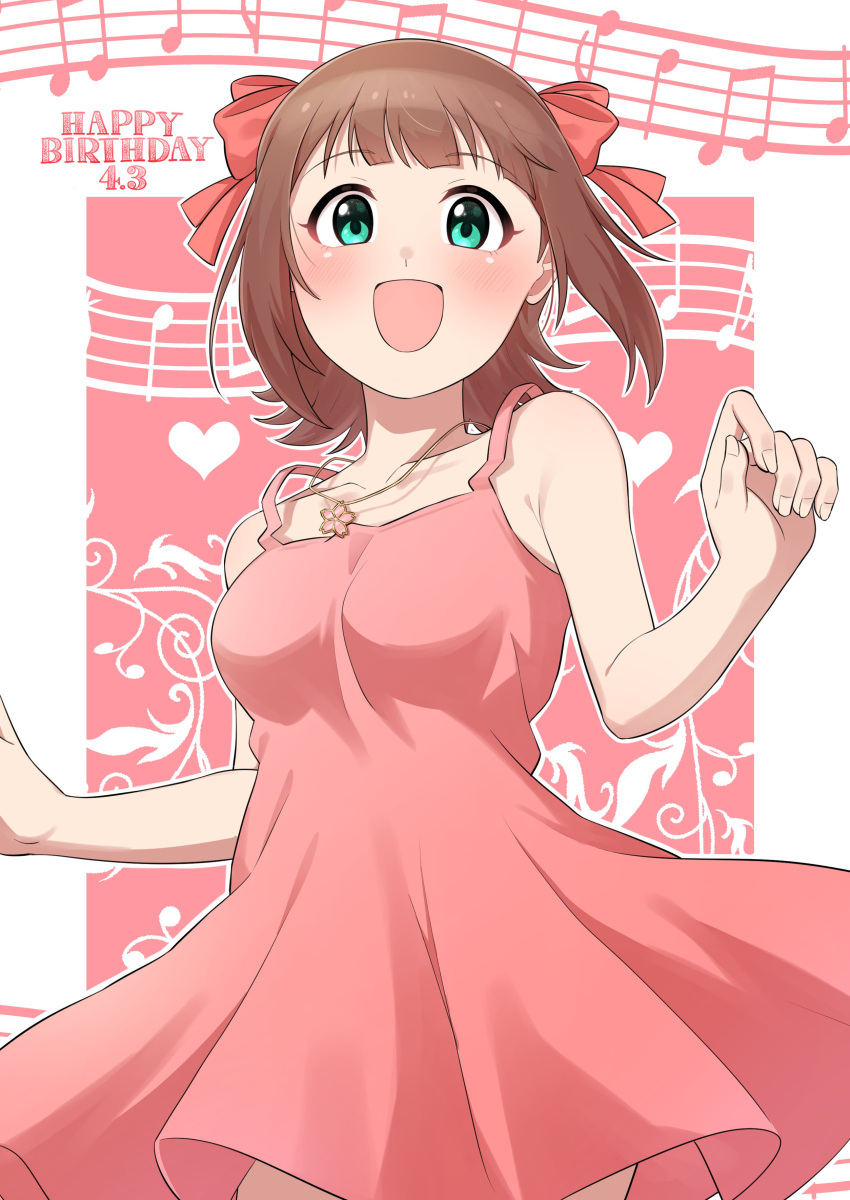 Safebooru - 1girl :d absurdres amami haruka aqua eyes blunt bangs blush bow cowboy shot dress ...