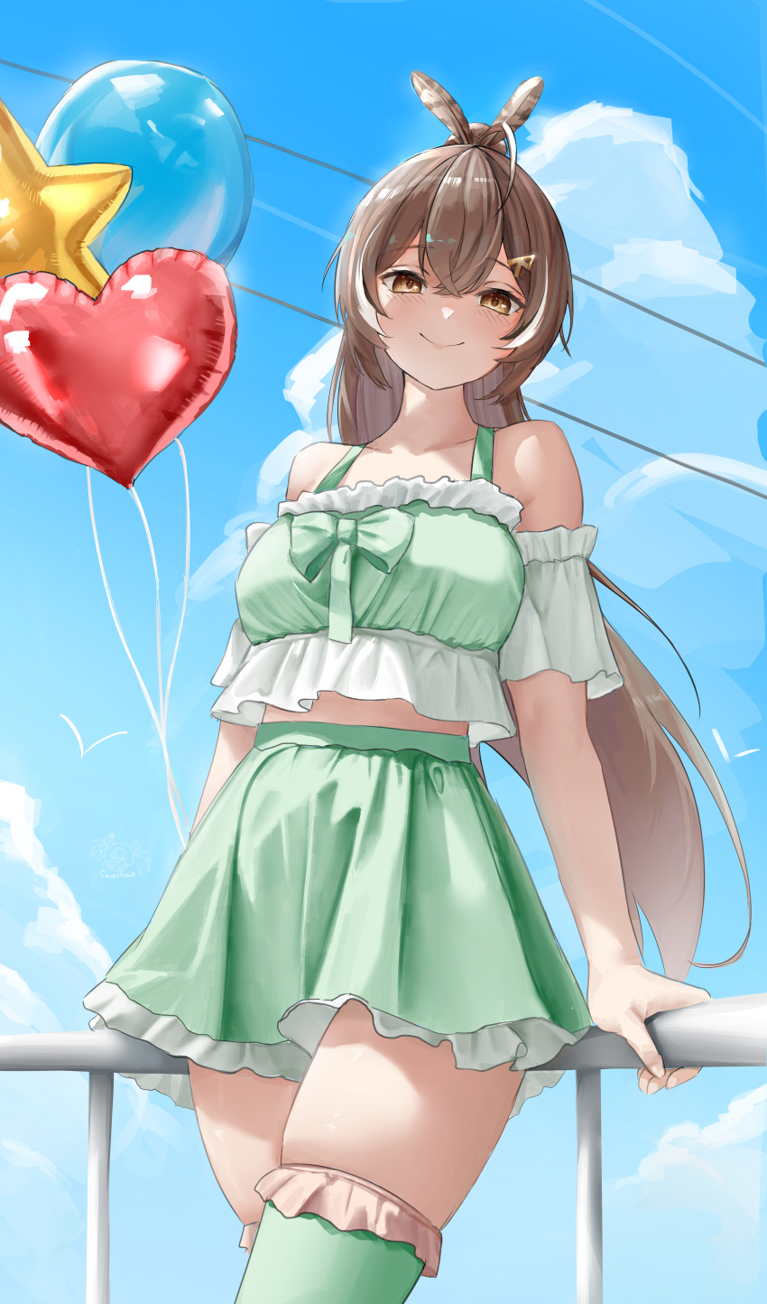 Safebooru - 1girl absurdres against fence ahoge alternate costume balloon black hair blue sky ...