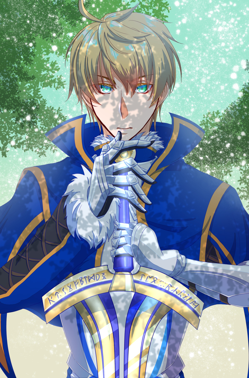 Safebooru - 1boy absurdres ahoge arthur pendragon (fate) blonde hair blue cape cape commentary ...