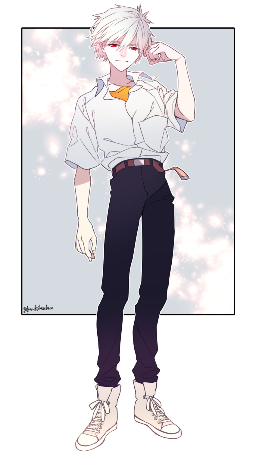 Safebooru - 1boy arm up belt belt buckle black pants brown belt buckle closed mouth collared ...