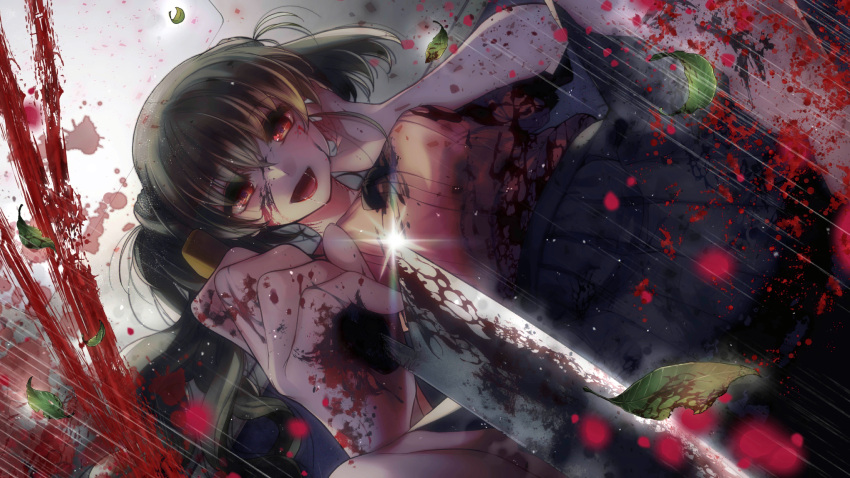 Safebooru - 1girl black hair blood blood on clothes blood on face blood splatter blurry depth of ...