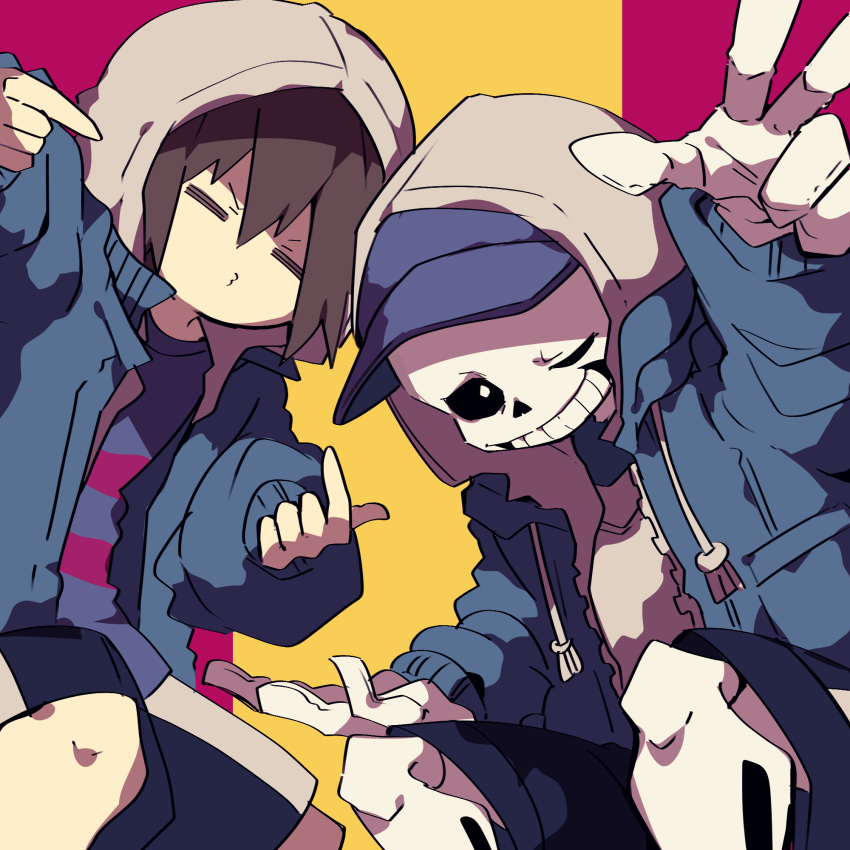 Safebooru - 1boy 1other blue jacket brown hair closed eyes closed mouth ...