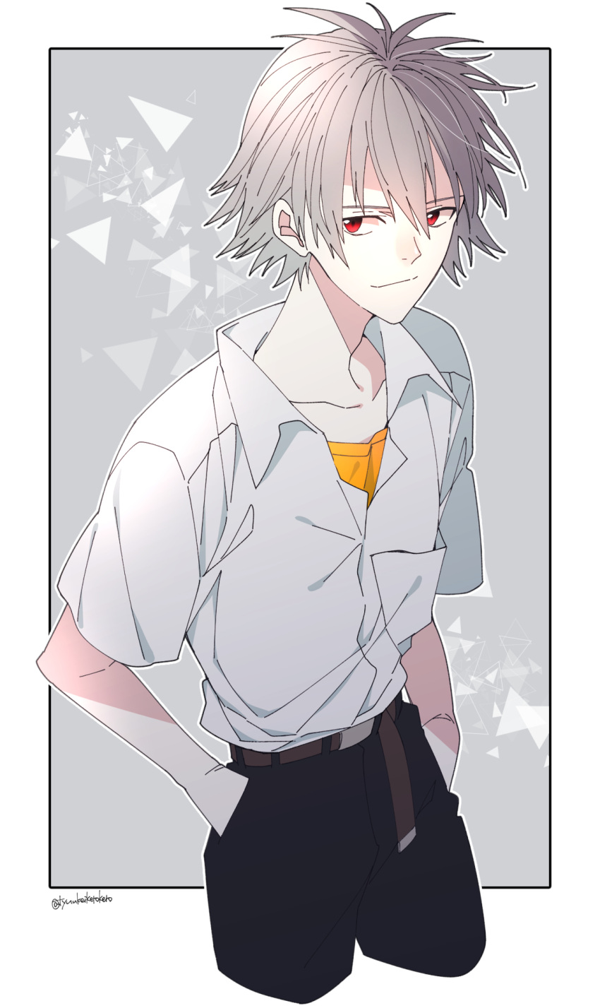 Safebooru - 1boy belt belt buckle black pants border breast pocket brown belt buckle closed ...