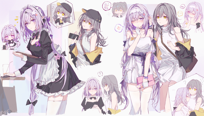 Safebooru - 2girls ? absurdres alternate costume anger vein apron bag bare shoulders black bow ...