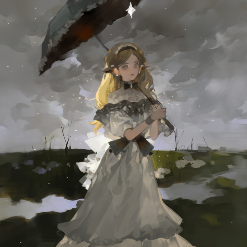 Safebooru - 1girl aristocratic clothes blonde hair bow bowtie dress gown grey dress grey eyes ...