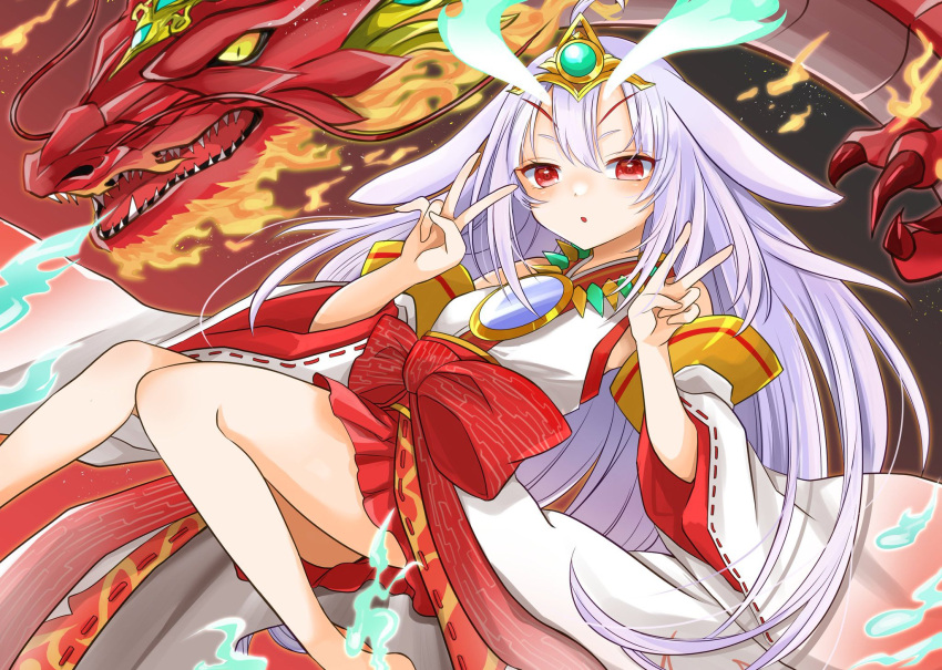 Safebooru - 1girl 1other blush commission detached sleeves dragon eastern dragon feet out of ...