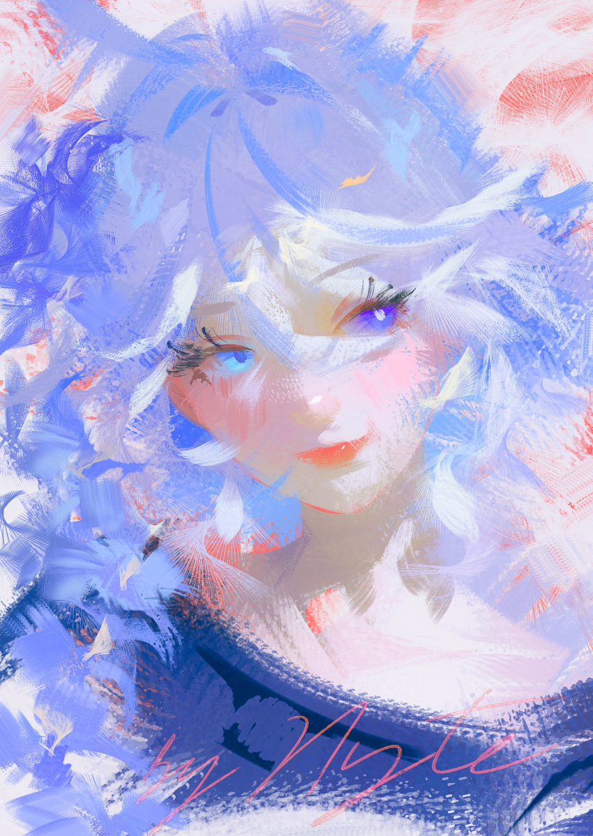 Safebooru - 1girl absurdres blue eyes blue hair blue shirt blush closed mouth eyelashes flower ...