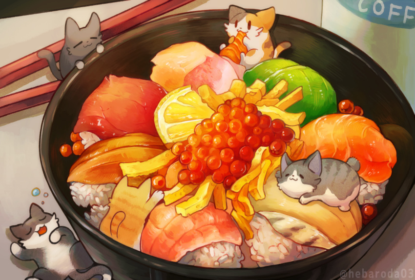 Safebooru - 5others :3 animal animal focus black cat bowl calico cat chibi chopsticks commentary ...