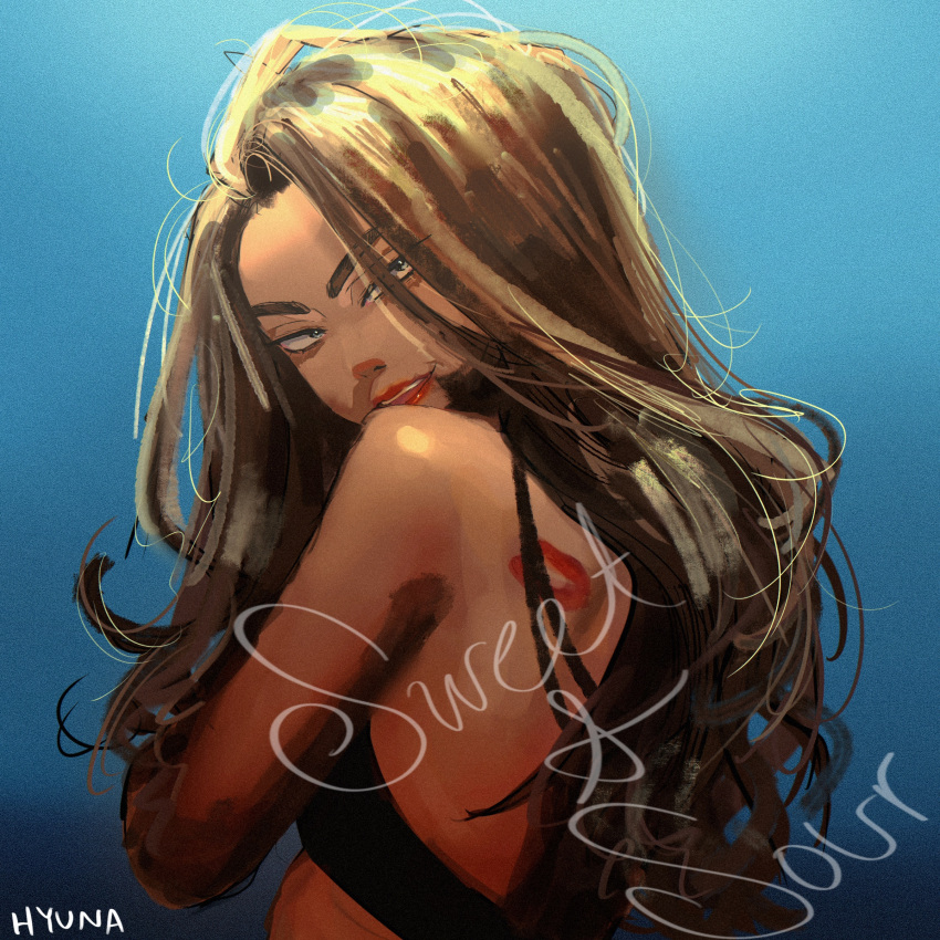 Safebooru - 1girl absurdres album cover redraw alien stage black bra blue background bra brown ...