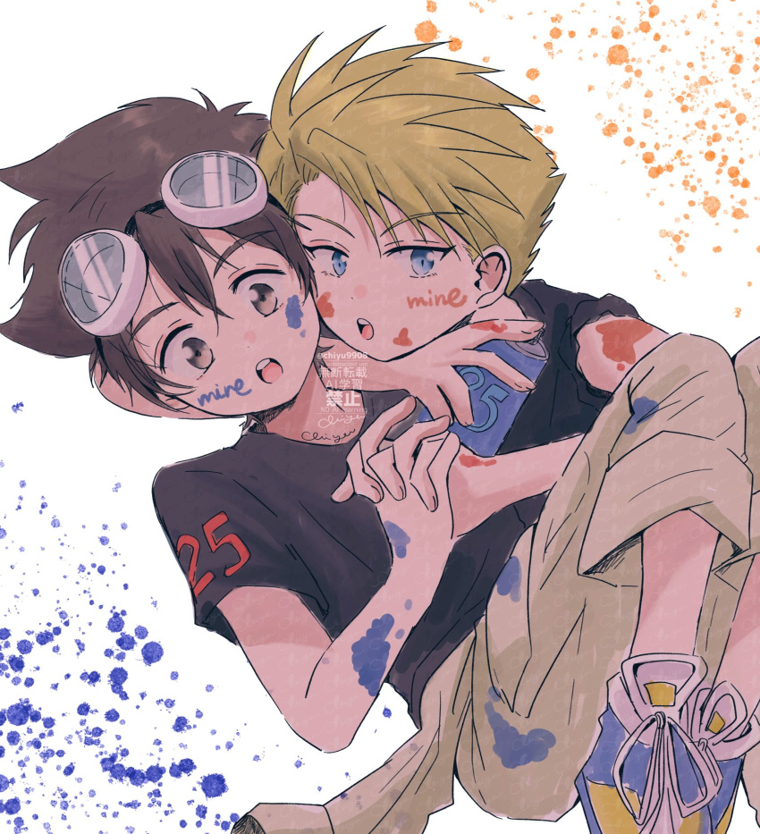 Safebooru - 2boys black shirt blonde hair blue eyes brown eyes brown hair chiyu (user hrwu2257 ...