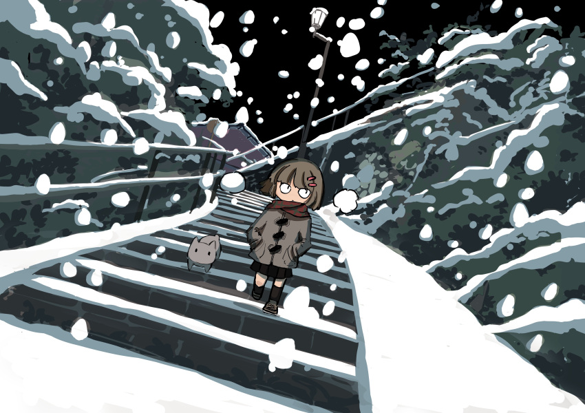 Safebooru - 1girl absurdres black skirt black socks brown hair cat grey ...