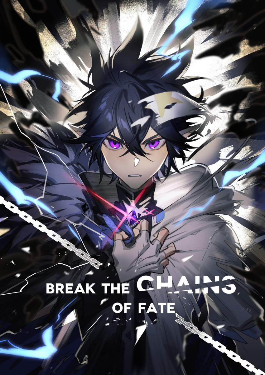 Safebooru - 1boy absurdres aleo aotu world asymmetrical clothes black hair chain diffraction ...