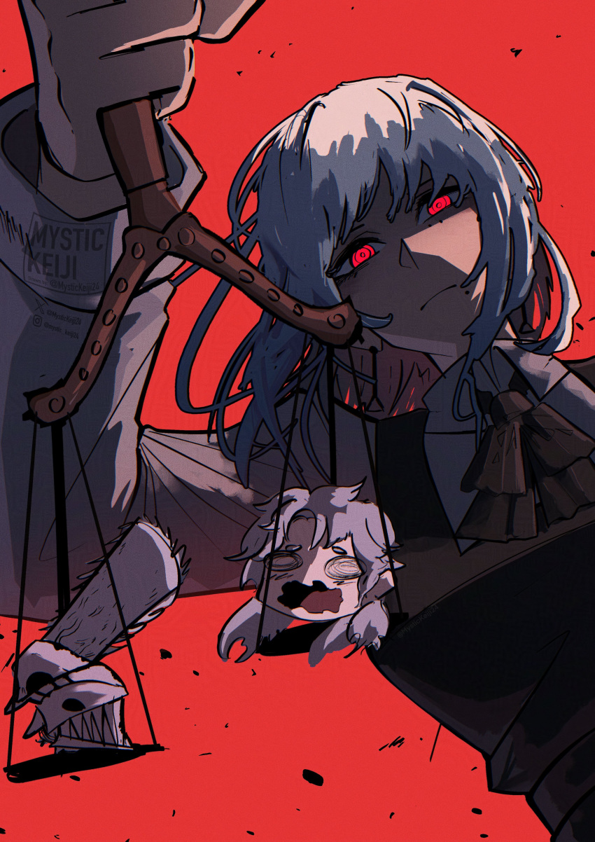 Safebooru - 1boy 2girls absurdres balance scale black dress chainsaw man closed mouth collared ...