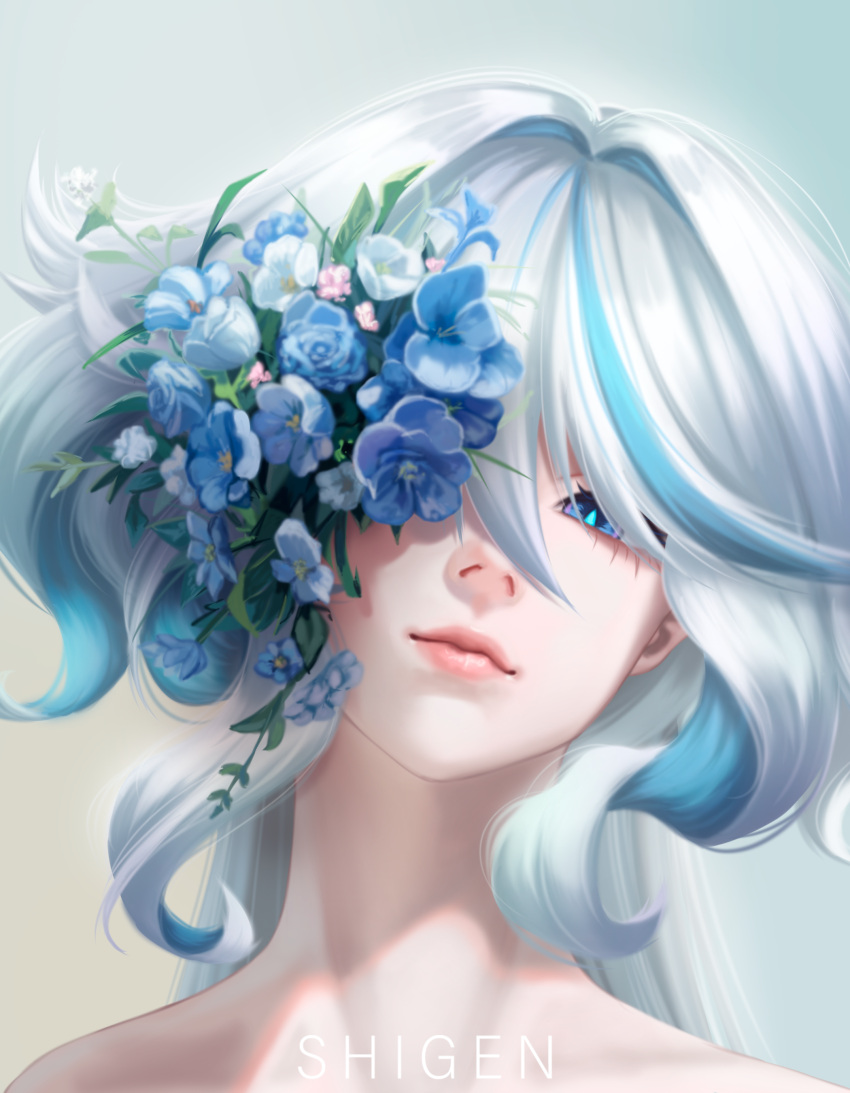 Safebooru - 1girl absurdres artist name blue eyes blue flower blue hair blue pupils commentary ...