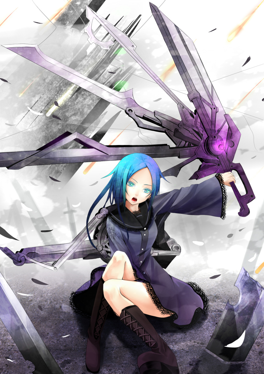 Safebooru - absurdres bad id blue eyes blue hair boots dress highres ...