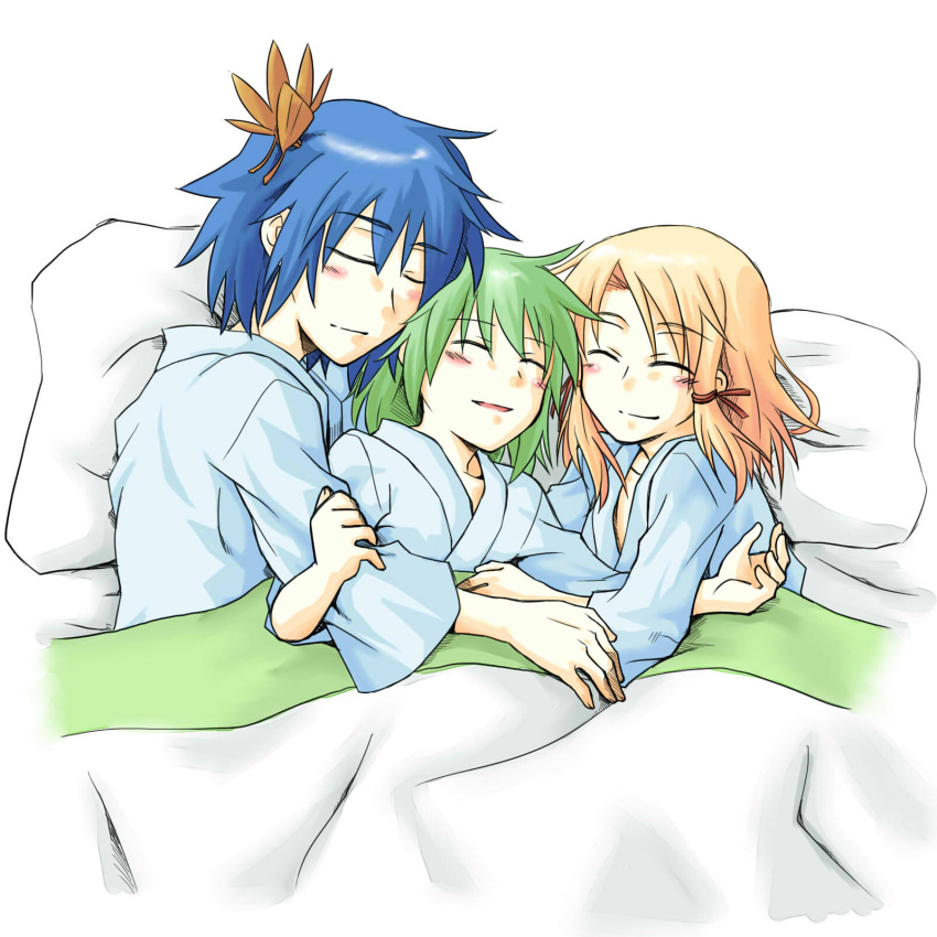 Safebooru - ^ ^ androgynous arm hug blanket blonde hair blue hair blush ...
