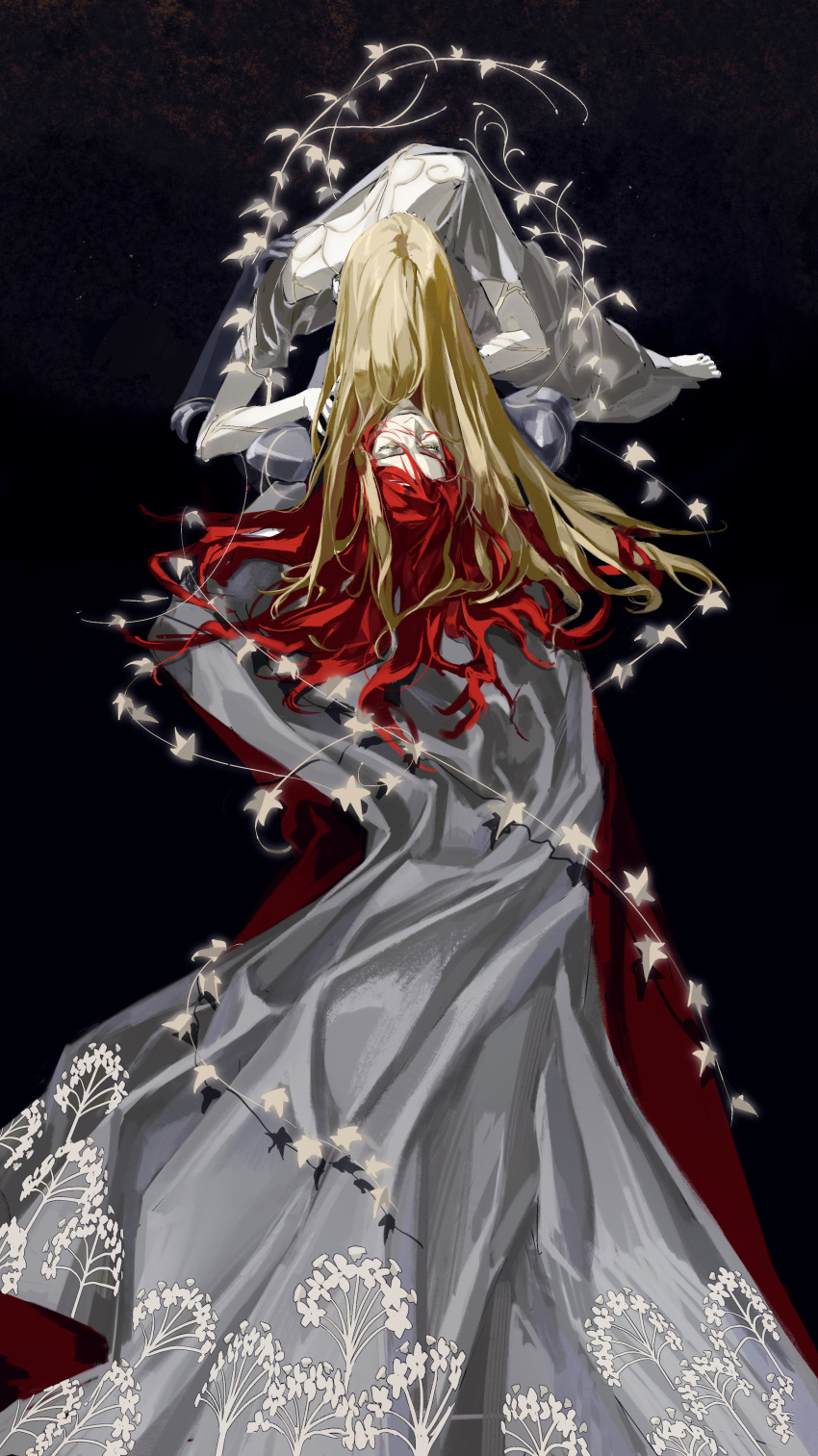 Safebooru - 1boy 1girl absurdres all fours black background blonde hair cape closed eyes dress ...