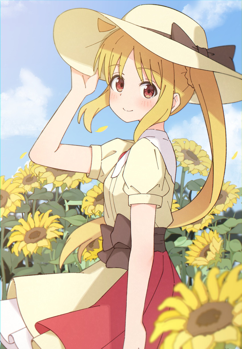 Safebooru - 1girl absurdres alternate costume blonde hair bocchi the rock! bow brown sash clouds ...