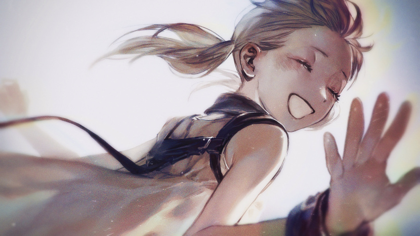 Safebooru - 1girl absurdres bare shoulders closed eyes dress fio (nier) grey hair highres momo ...