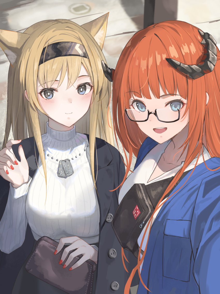 Safebooru - 18 yen coin 2girls :d absurdres animal ears arknights bagpipe (arknights) black ...