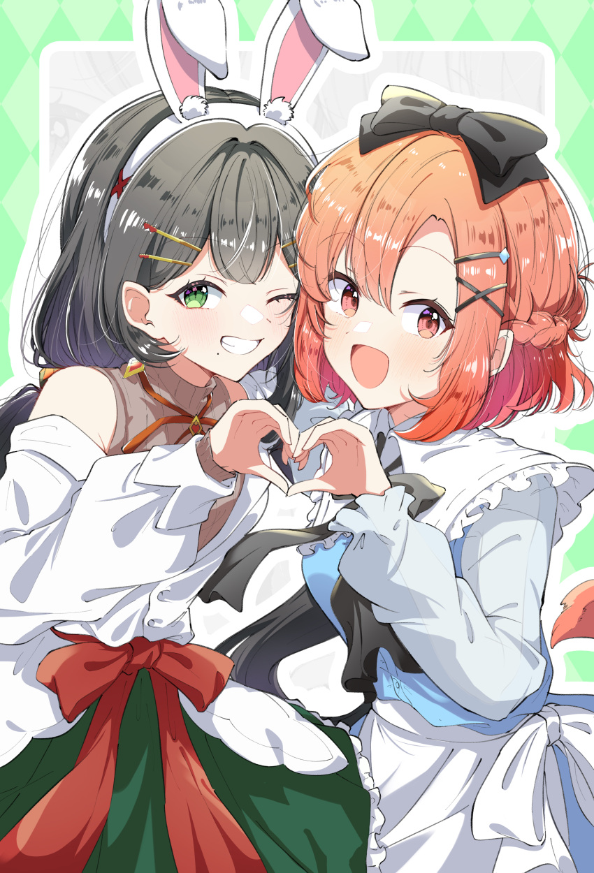 Safebooru - 2girls :d absurdres animal ears black bow black hair blush ...