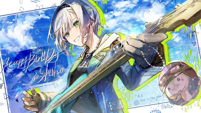 Safebooru - 1girl :d absurdres black gloves black hairband black shirt ...