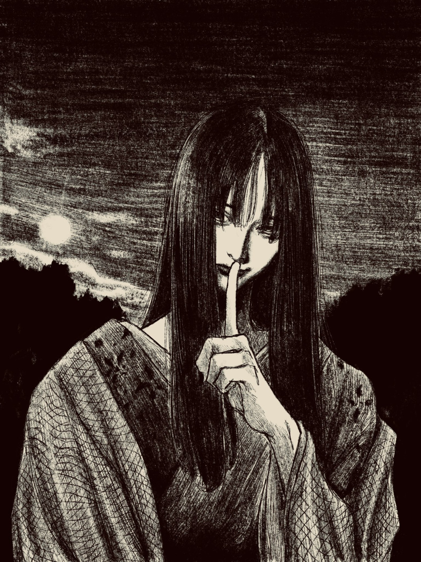 Safebooru - 1girl black hair day finger to mouth greyscale highres long ...