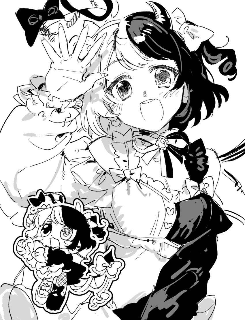 Safebooru - 1girl amaki pururu blush bow chibi chibi inset greyscale ...