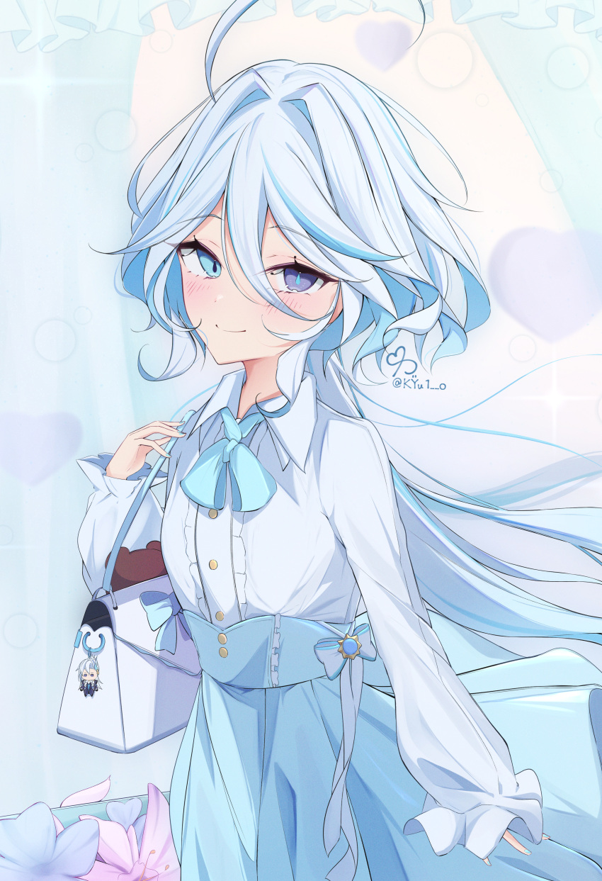 Safebooru - 1boy 1girl absurdres ahoge alternate costume artist name bag blue background blue ...