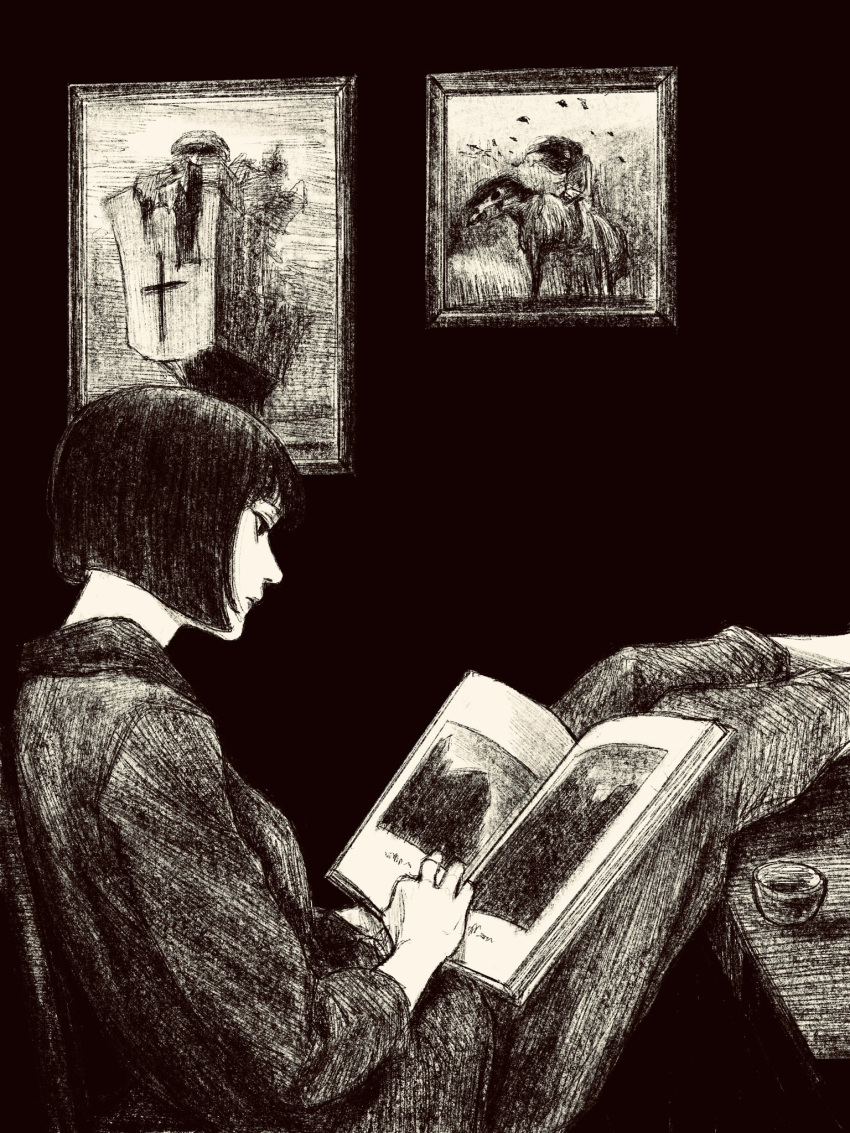 Safebooru - 1girl black hair bob cut book greyscale highres holding ...