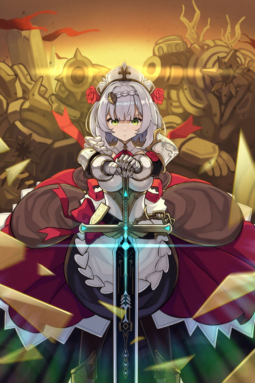 Safebooru - 1girl absurdres apron armor armored dress breastplate dress flower gauntlets genshin ...